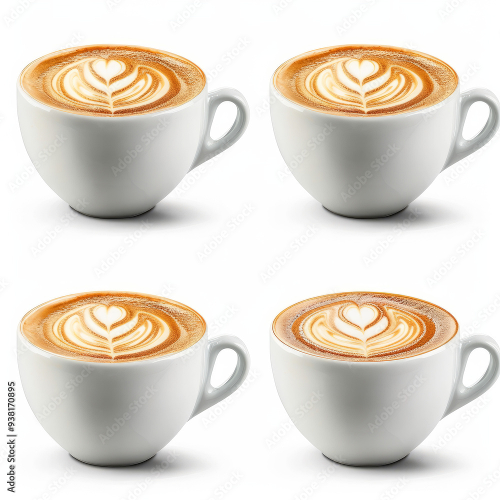 Four cappuccino cups are displayed from different angles against a ...