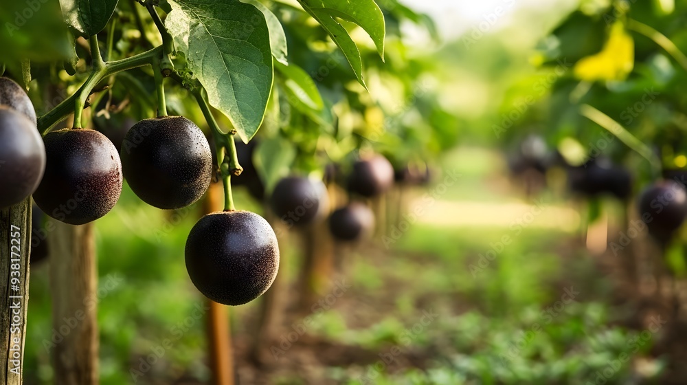Lush passion fruit plantation with hanging vines and an abundance of ...
