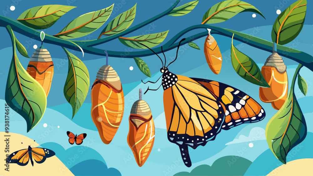Amazing moment ,Monarch Butterfly, pupae and cocoons are suspended ...