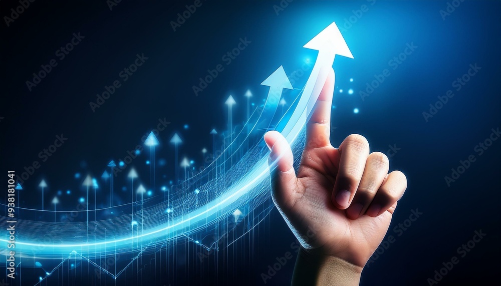 Digital Growth A hand points towards an upward arrow, symbolizing ...