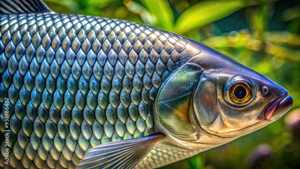 Close-up of a fish's sleek silver scales highlighting the lateral line ...