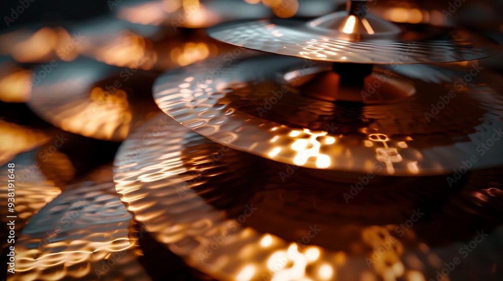 Shimmering cymbals stacked together, placed on a dark, reflective ...