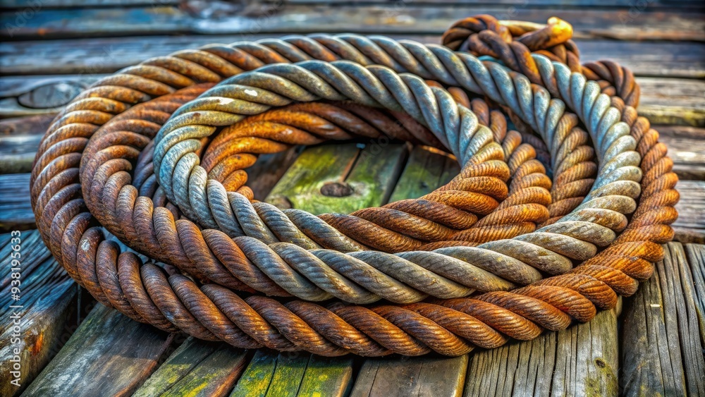 Coiled wire rope with frayed ends and rusted metal accents lies ...
