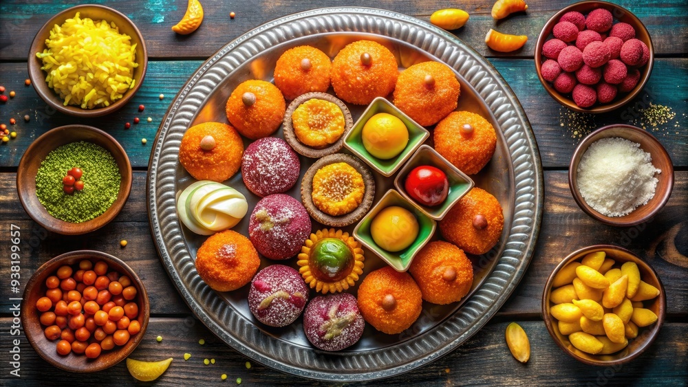 Colorful assortment of traditional Indian sweets, including gulab jamun ...