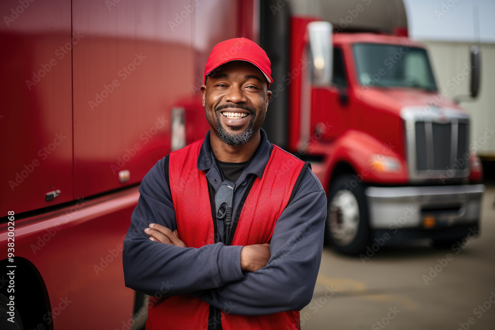 Smiling African-American truck driver standing confidently in front of ...