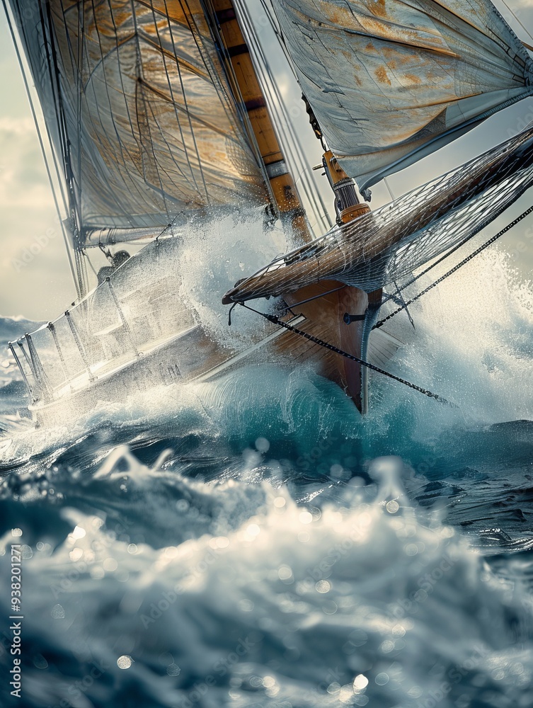 A classic sailboat cuts through choppy waves, its sails billowing in ...