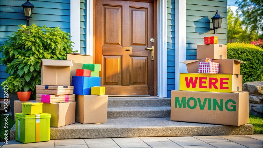 Colorful cardboard boxes and a "We're Moving" sign on a suburban front ...