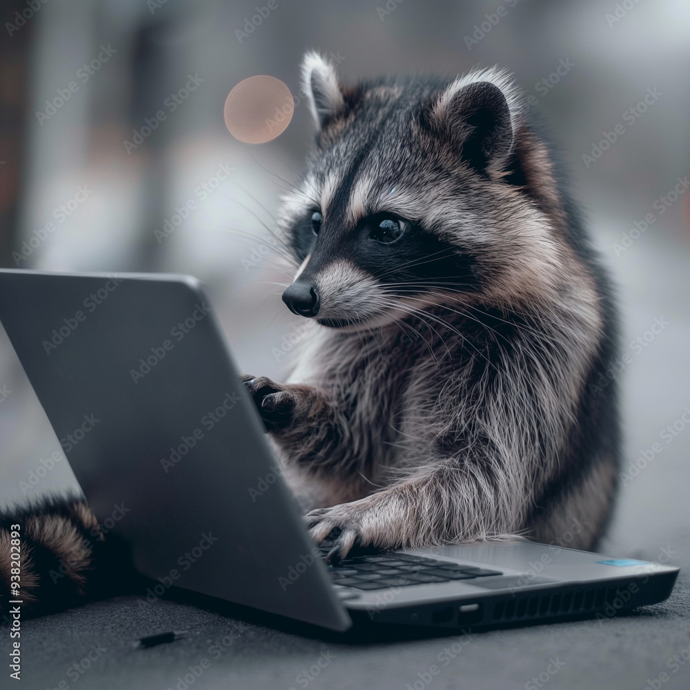 Mapache trabajando en un dispositivo movil como computadora o tablet ...