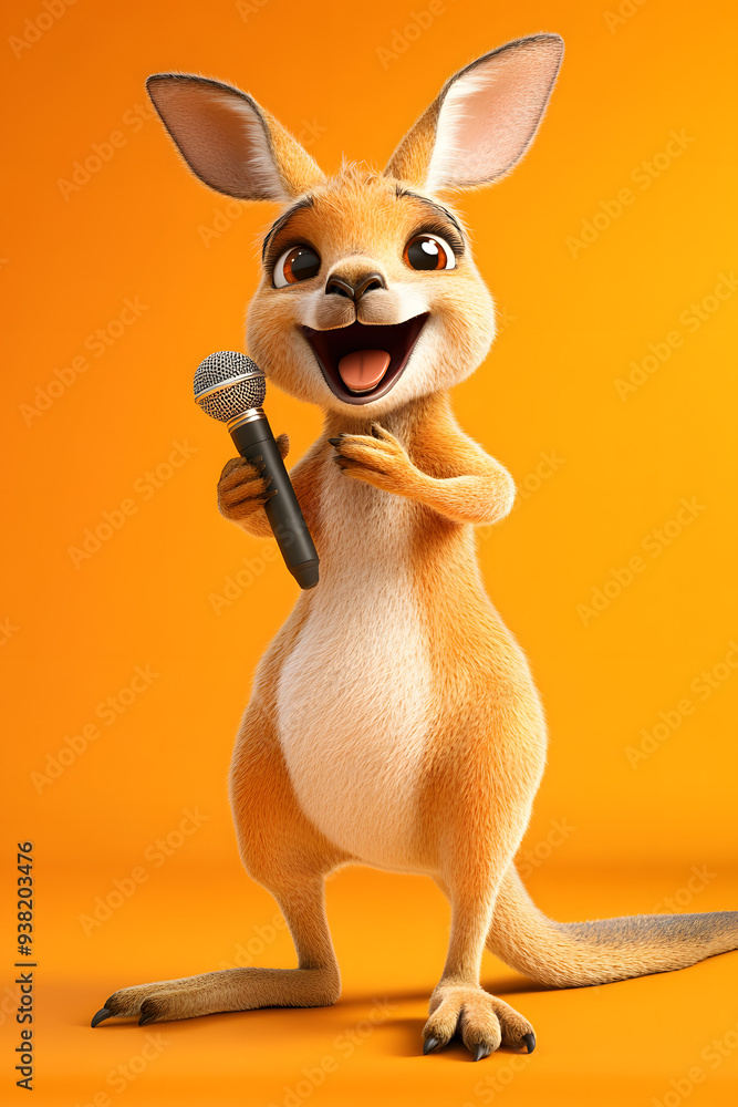 Cute 3d cartoon kangaroo sing a song and holding microphone on color ...
