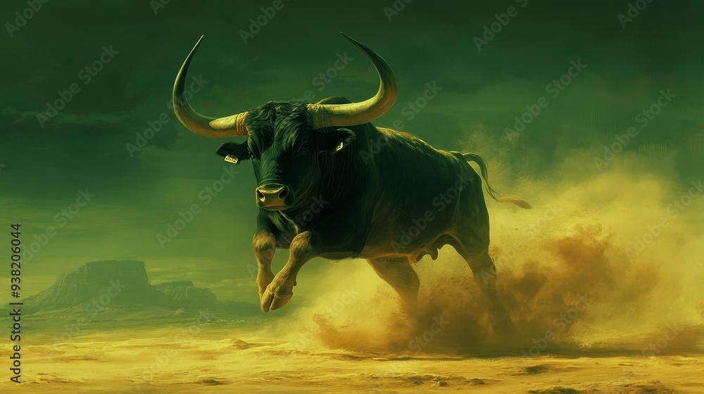 Dust Devil A lowangle perspective of a black bull charging through a ...
