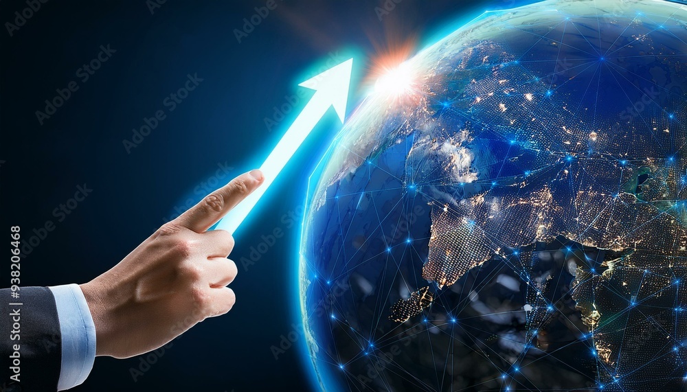 Guiding Global Growth A hand directs a radiant arrow skyward from Earth ...