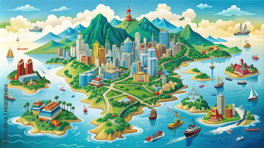 Colorful illustrated map of Hong Kong showcasing its densely populated ...
