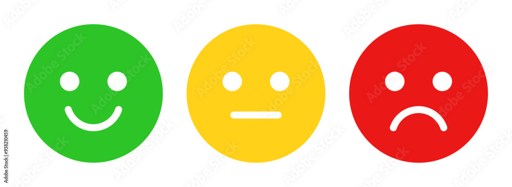 Happy, sad, and neutral emoji smiley set in green, yellow and red color ...