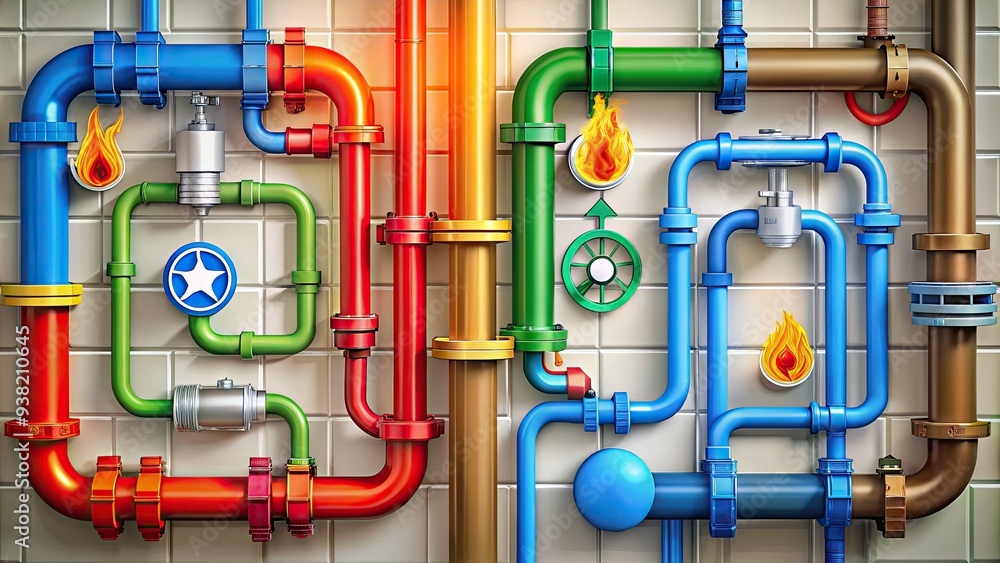 Colorful Illustration of Pipes and Fittings with Integrated Icons of ...