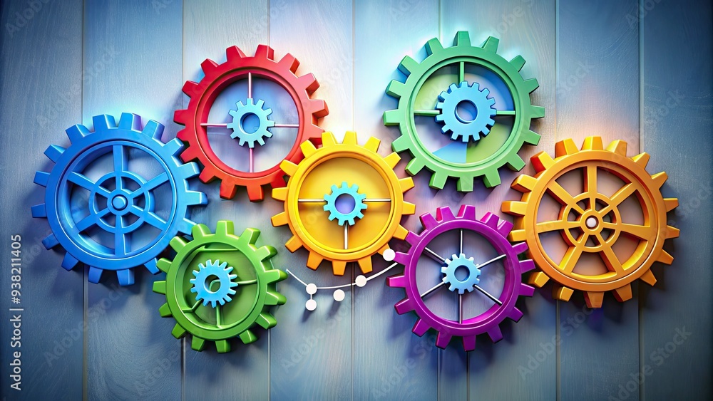 Colorful infographic featuring five interlocking gears with icons and ...