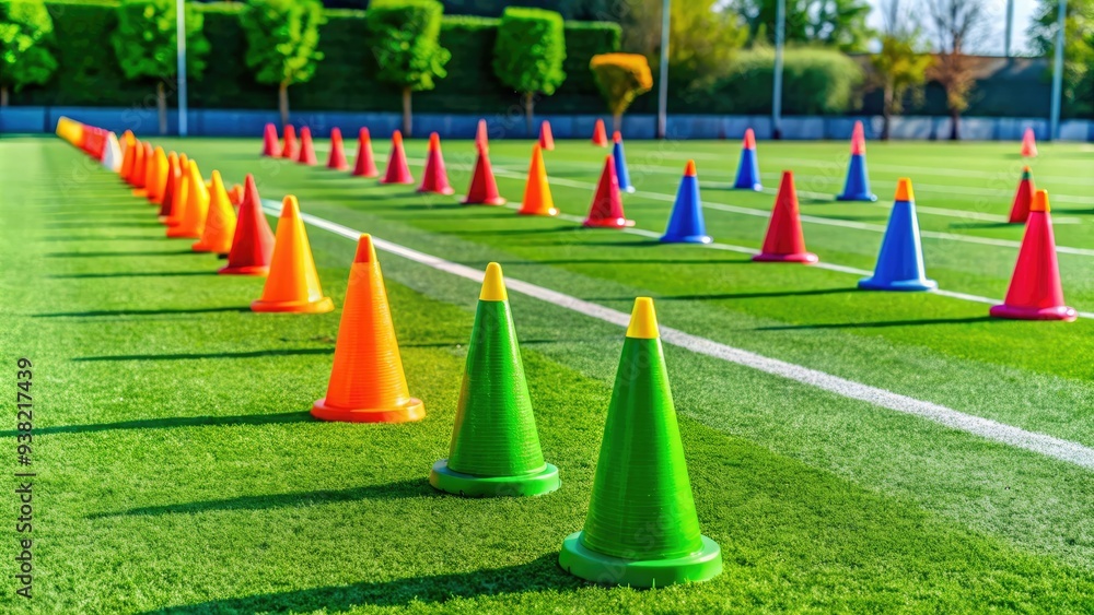 Colorful traffic cones mark a zigzagging drill pattern on a lush green ...