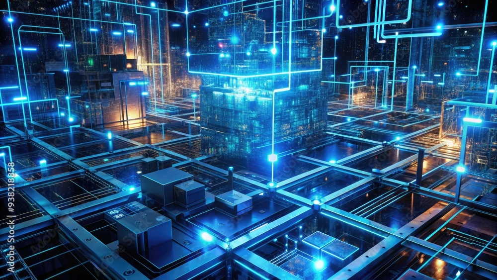 Complex futuristic virtual framework filled with glowing blue circuits ...