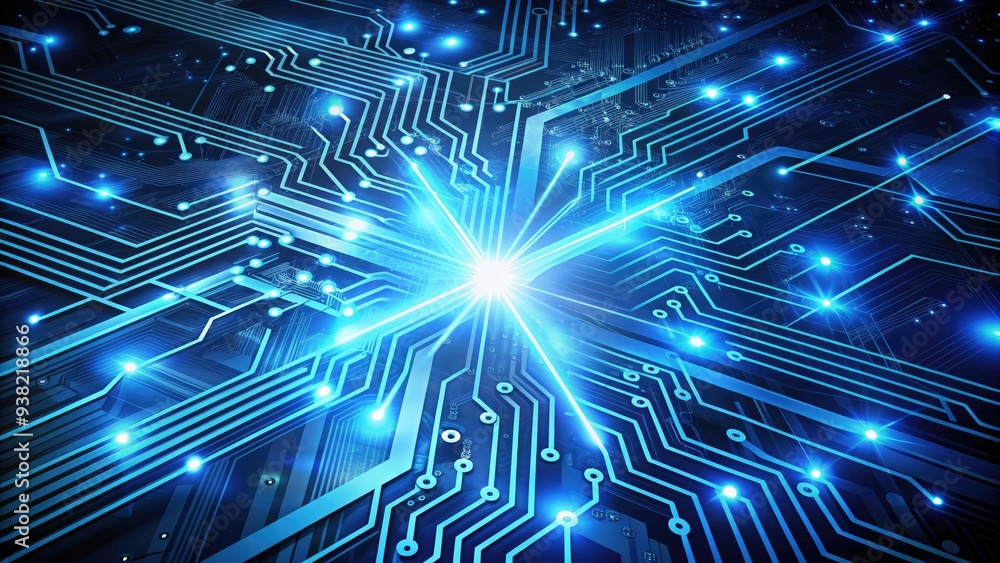 Complex illustration of glowing blue circuit board with pulsing wires and flashes, representing ...