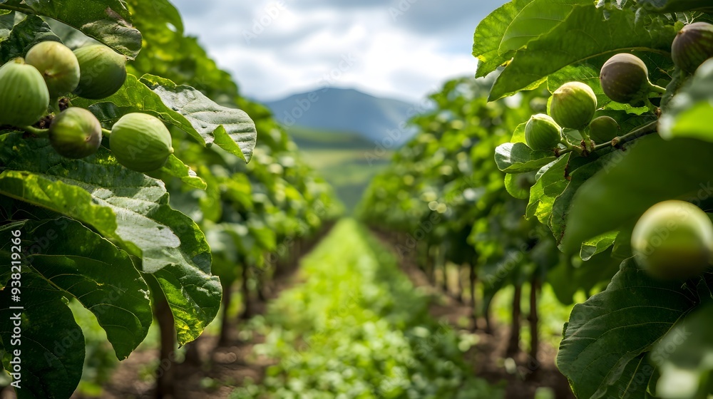 Abundant fig plantation with lush green trees full of ripe juicy fruits ...
