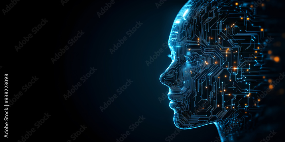 Photo & Art Print Human face with digital circuits, concept of artificial intelligence and human ...