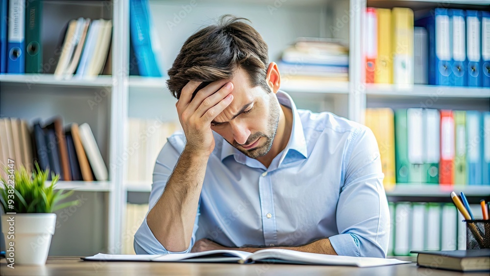 Confused and perplexed, a person touches their forehead with a hand ...