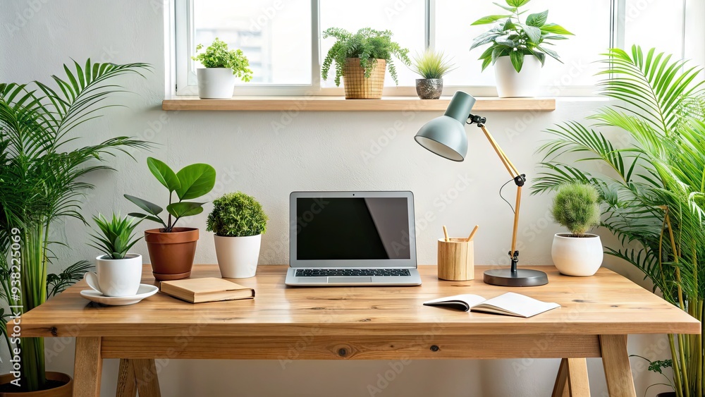 Cozy home office setup featuring a neat desktop with a modern laptop ...