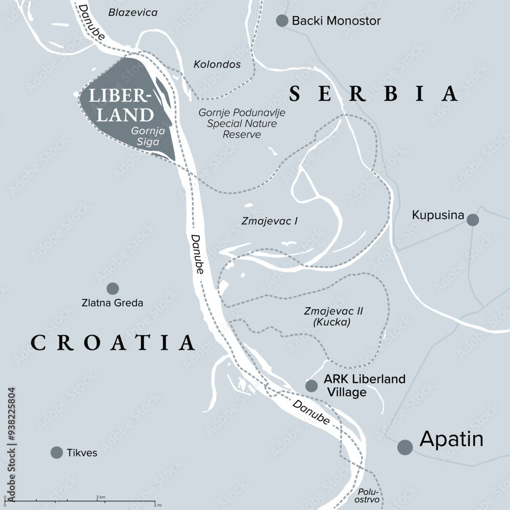 Free Republic of Liberland, gray political map with Liberland Village ...