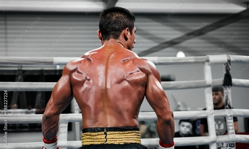 a muscular fighter shows his back full of muscles, his body is sweaty ...