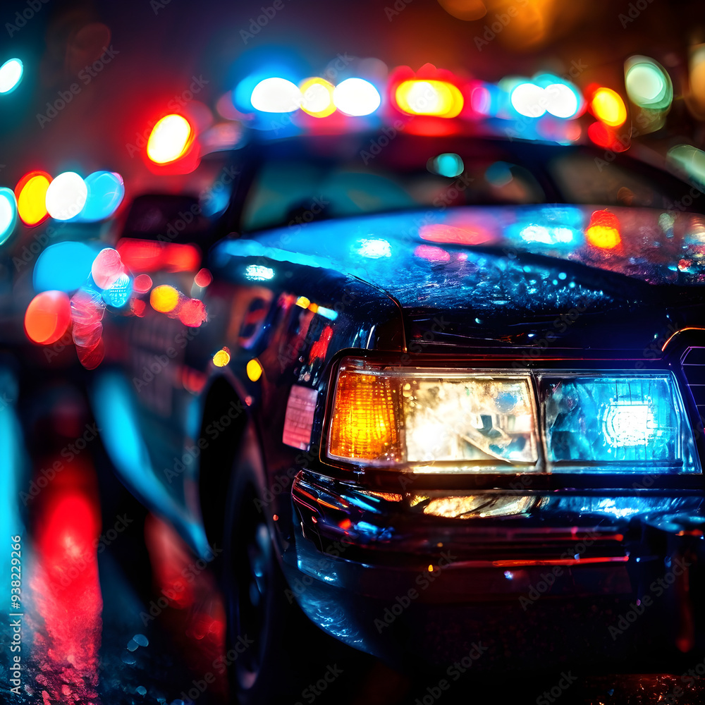 Headlights of Police Cars Driving City Road Law Enforcment Guard ...