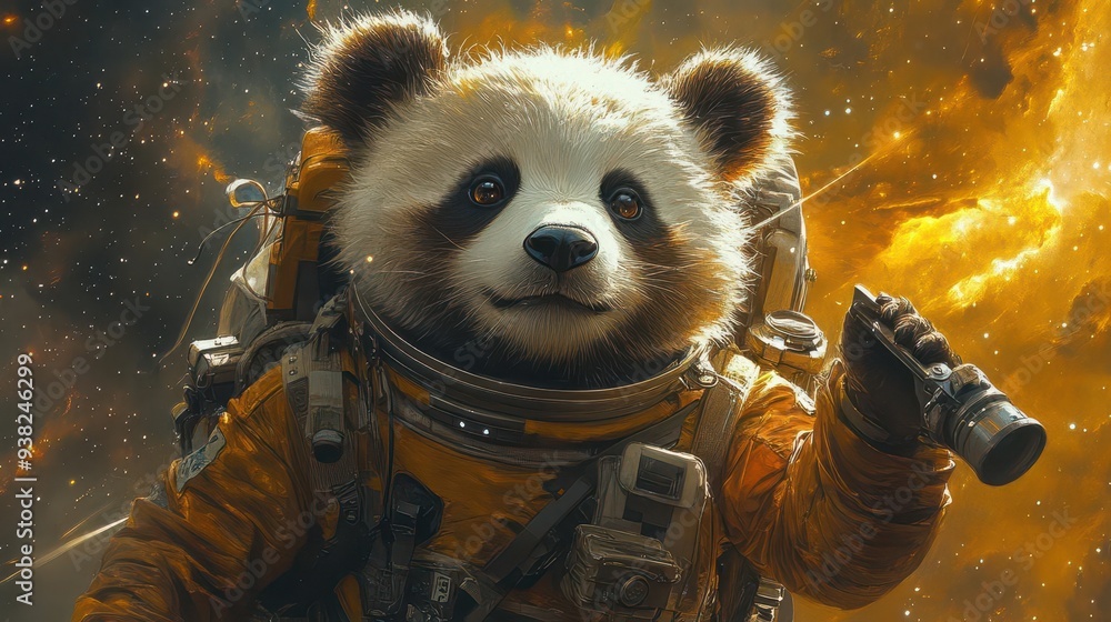 anthropomorphic panda in astronaut suit wideeyed expression of awe ...