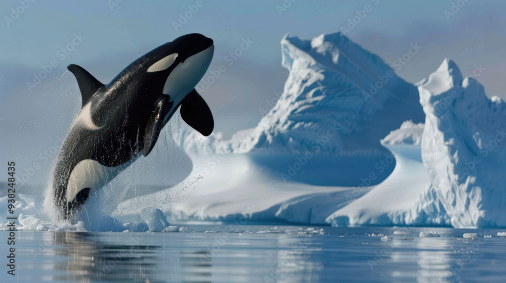 A stunning image of an orca breaching near an iceberg, the orca is ...