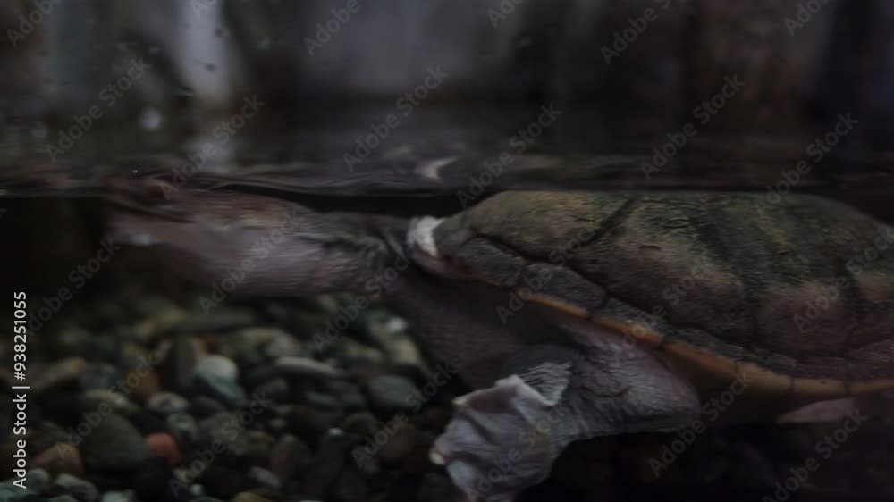 A turtle swims in the water. Pig-nosed turtle or flying river turtle in ...