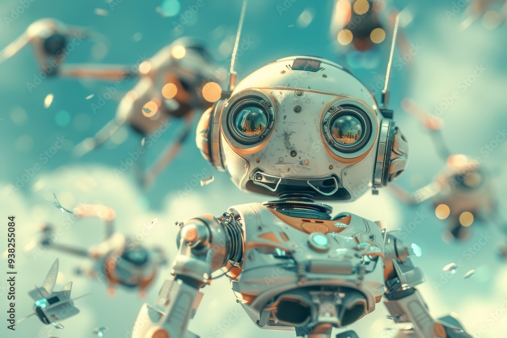 robot with orange eyes standing in front of group of flying objects ...