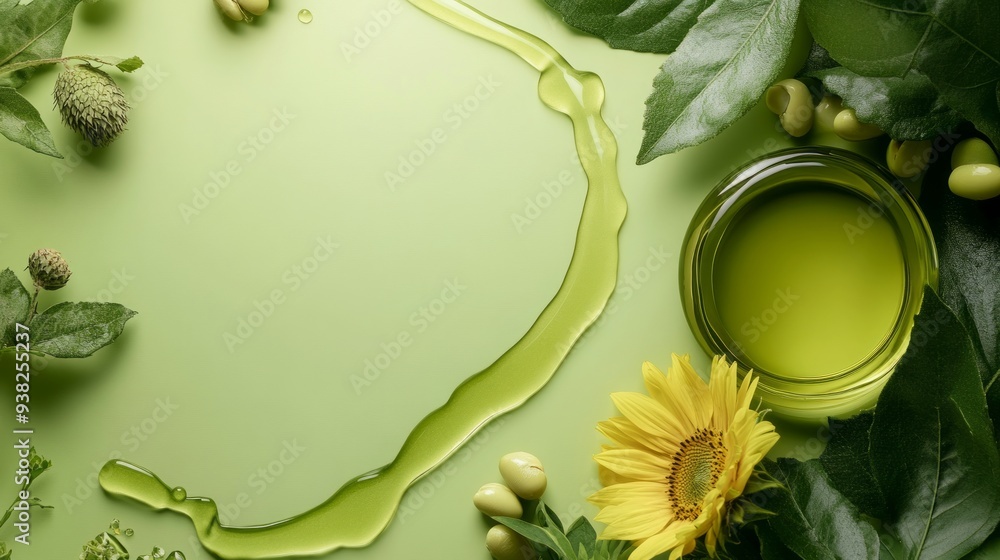 A green gradient background featuring mixed vegetal oils (sunflower ...