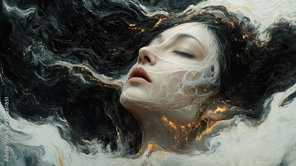 dark surrealist portrait face morphing into addictive substances swirling textures deep shadows ...