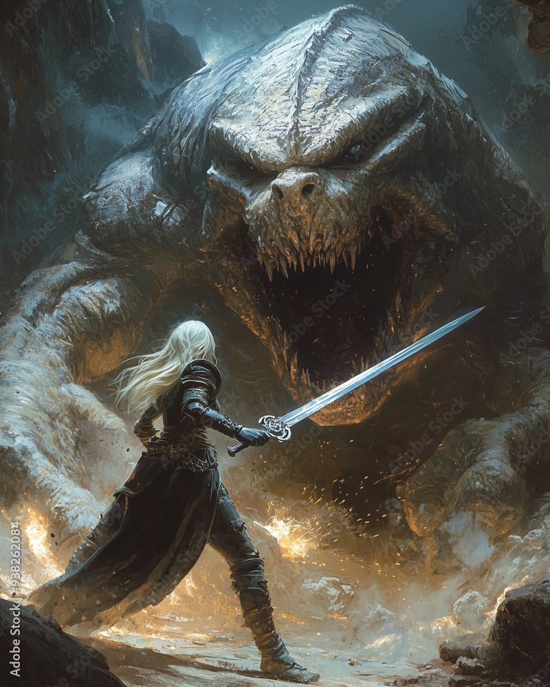 elf warrior facing a towering stone beast in a dimly lit cave, sword ...