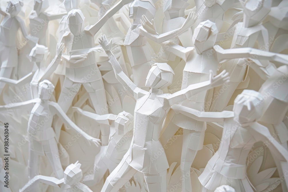 group of statues of people walking on beach, paper sculpture embodying ...