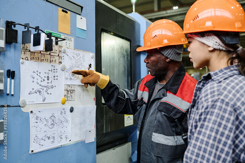 Two factory workers examining detailed blueprints pinned on a corkboard ...