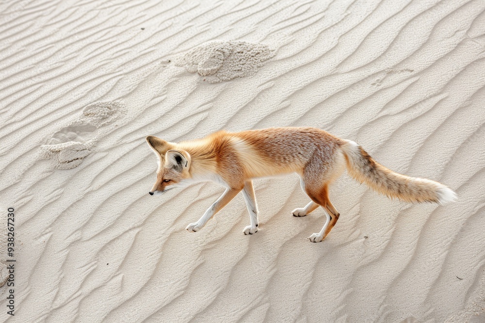 fox standing on top of sandy dune, solitary desert fox prowls through ...