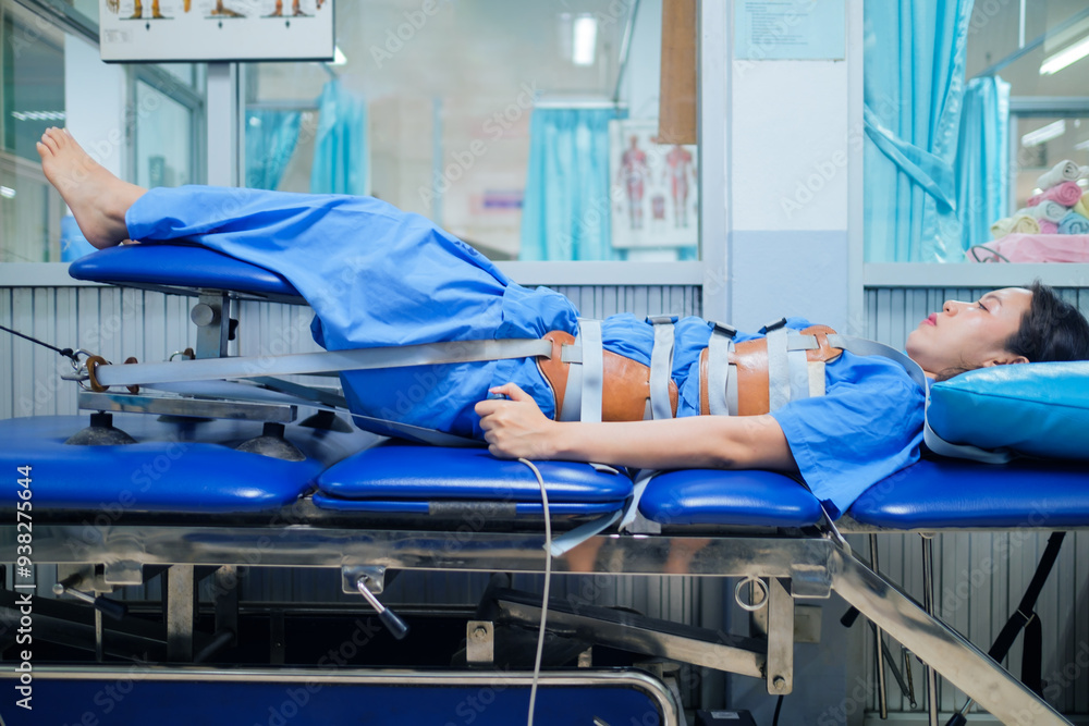 Patient lying on a Mechanical traction bed, decompression of the ...