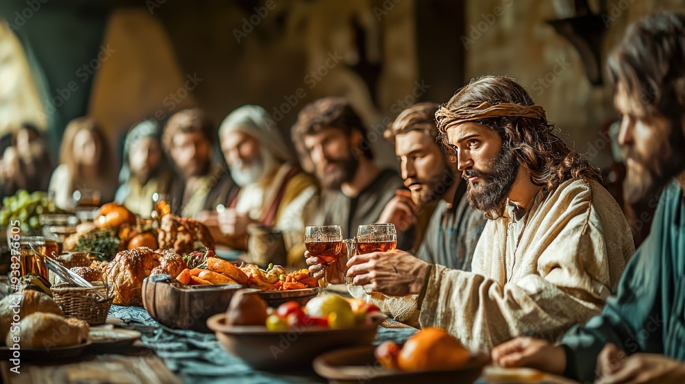 A modern reinterpretation of The Last Supper, featuring a table with ...