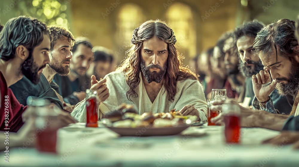 A modern reinterpretation of The Last Supper, featuring a table with ...