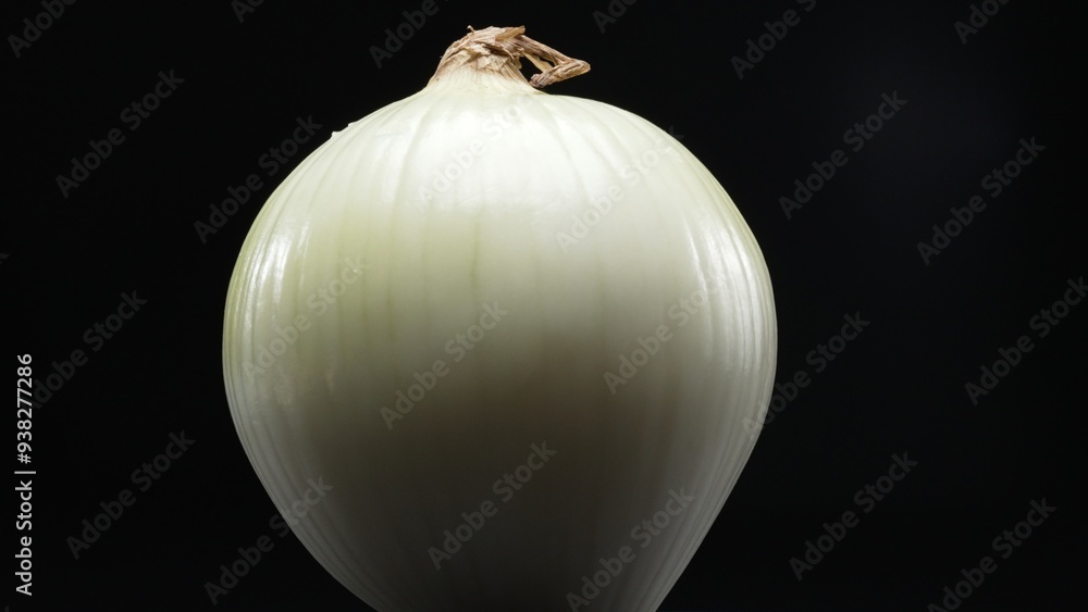 A close-up of a fresh peeled onion, sliced paper-thin, placed with ...