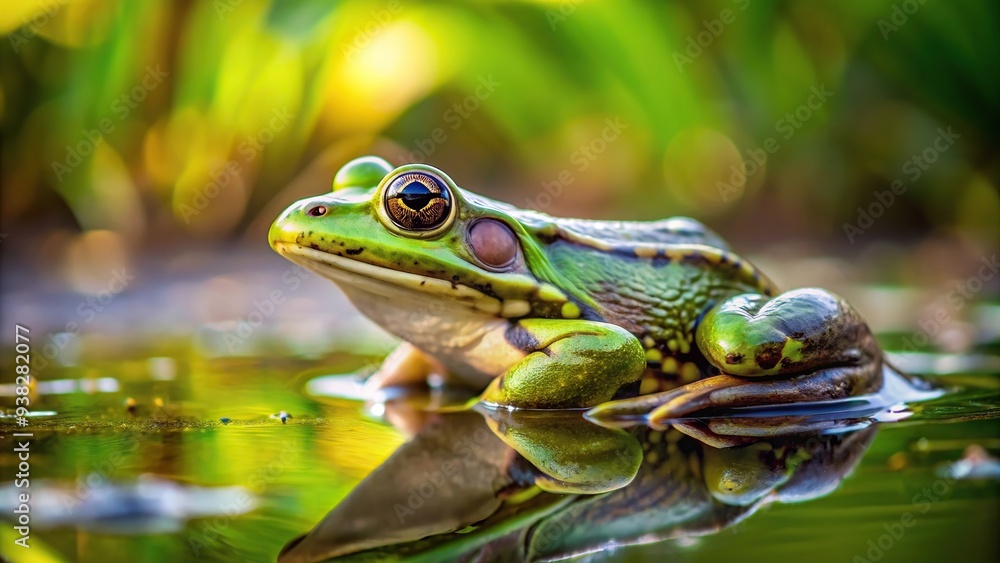 Cute green frog resting on the shore of the pond, peaceful, outdoors ...
