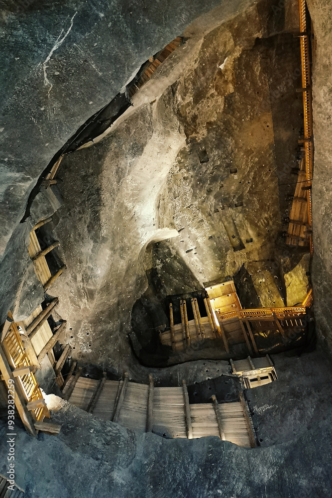 An aerial view of an ancient salt mine cavern with a network of wooden ...