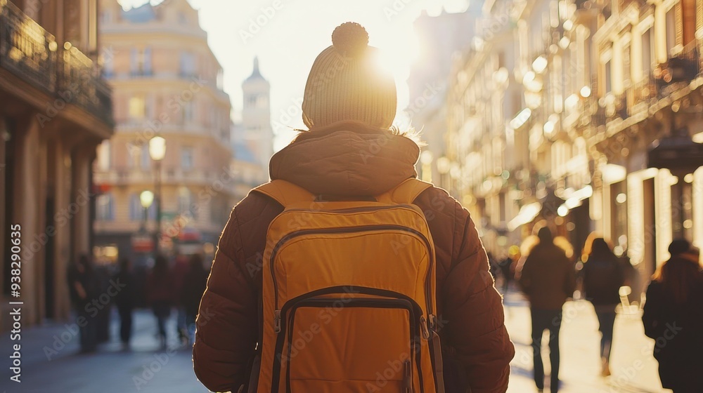 A travel scene of a person exploring a new city, walking through ...
