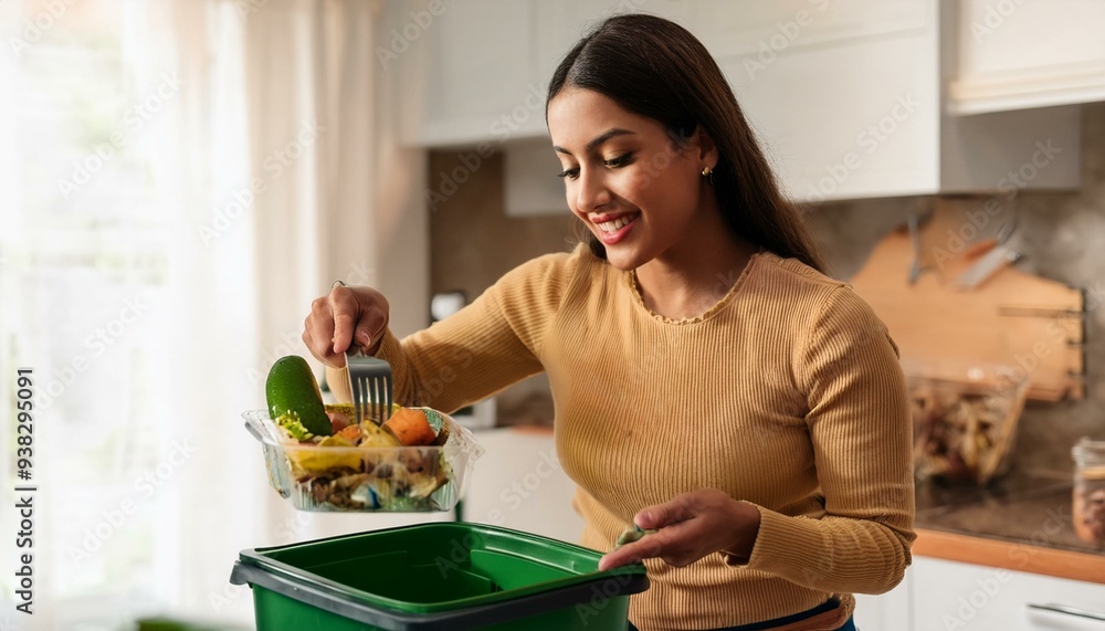 Eco-friendly disposal of food waste by a woman using a fork to scrape ...