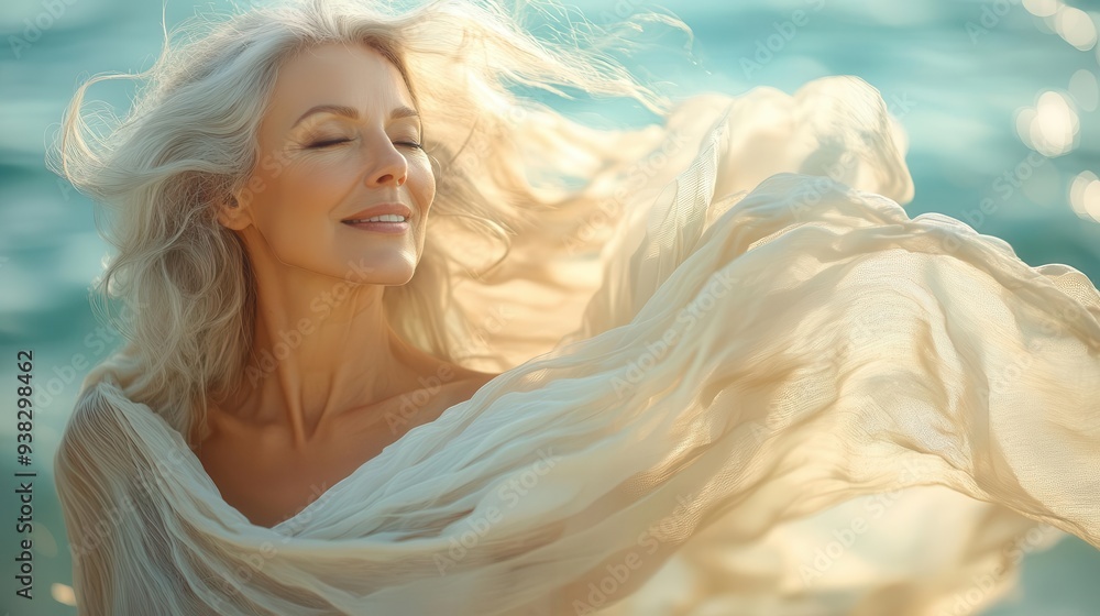 ภาพประกอบสต็อก exuberant mature woman in flowing dress dancing on ...