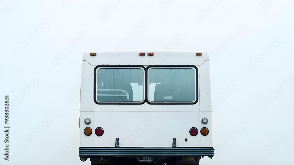 An isolated rear view of a white bus, focusing on the rear bumper, tail ...