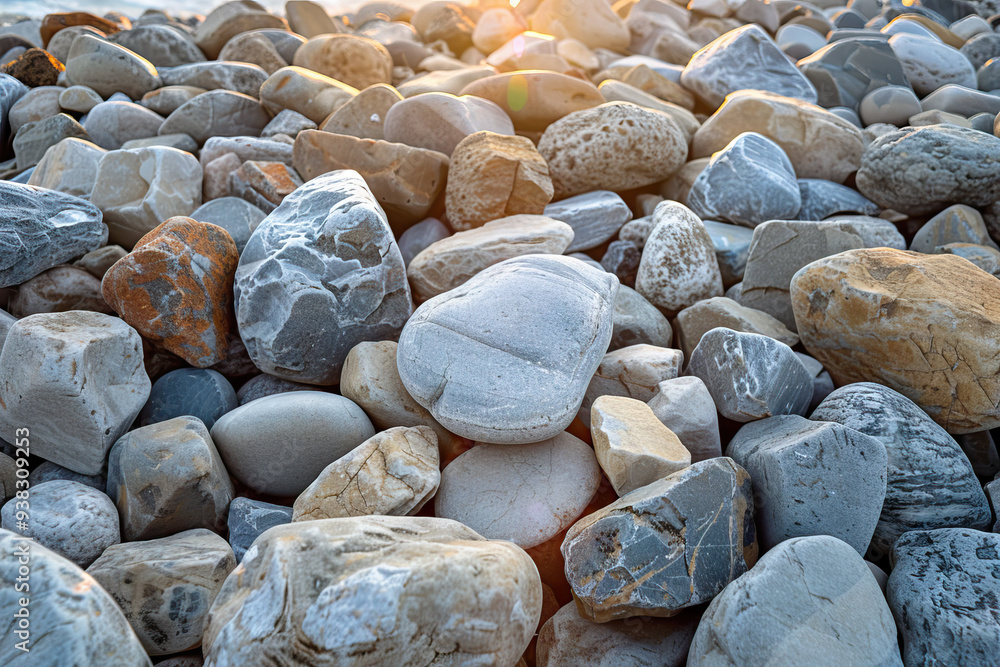 Pebbles and boulders create a rugged landscape around a stone building ...